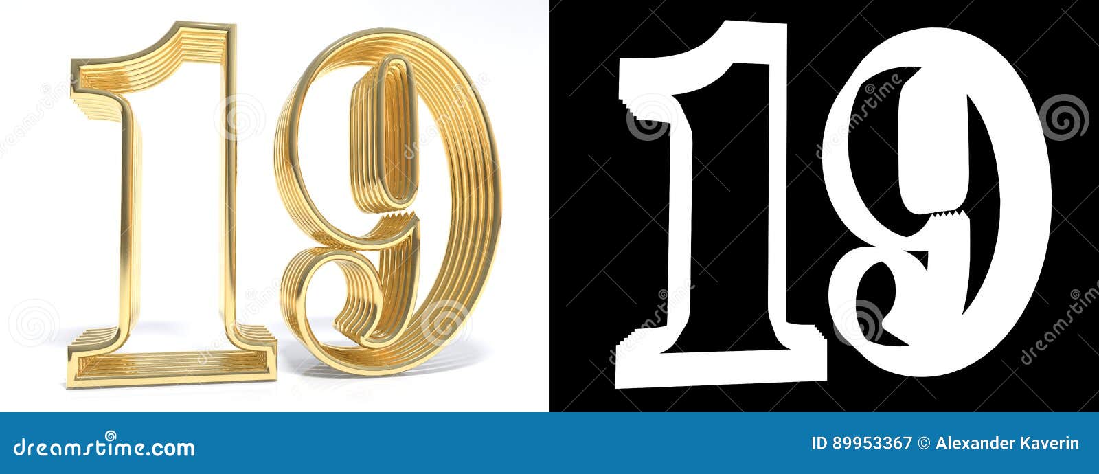 Golden Number Nineteen on White Background with Drop Shadow and Stock ...