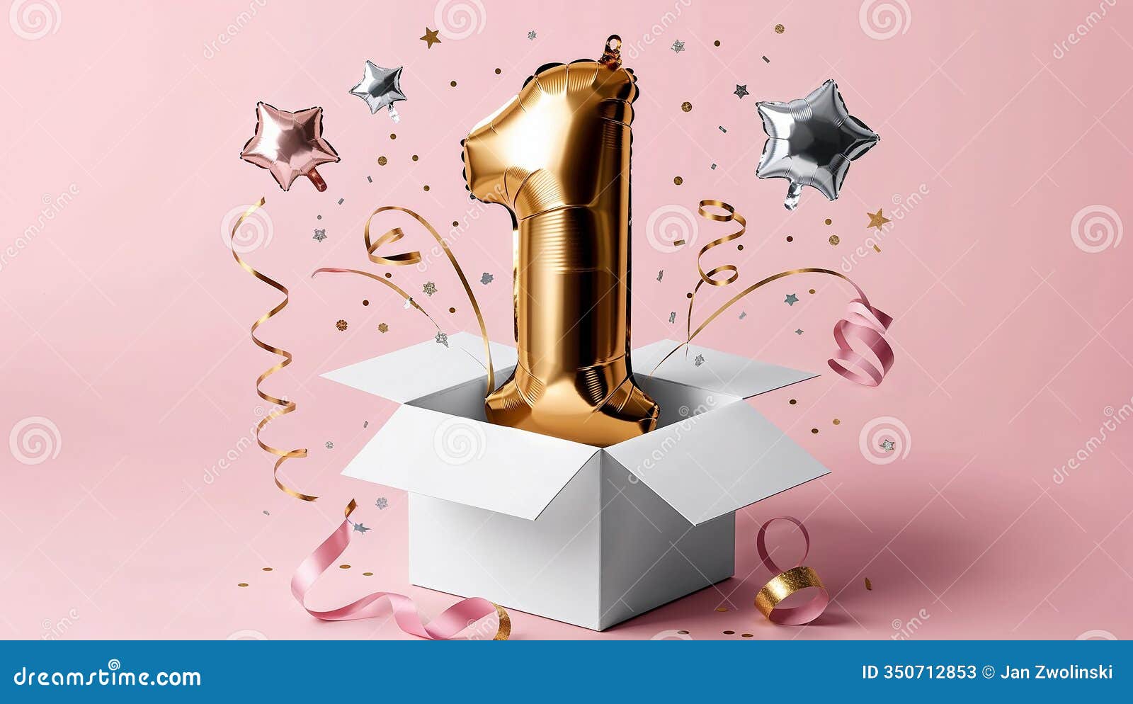 Golden Number One Balloon Exploding from Surprise Gift Box with ...