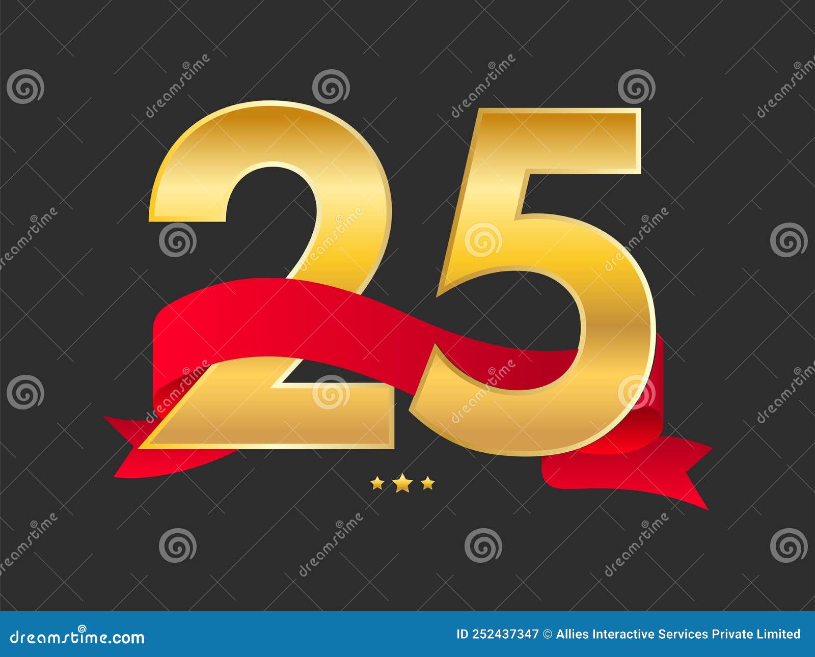 Golden 25 Number with Red Ribbon on Black Stock Illustration ...