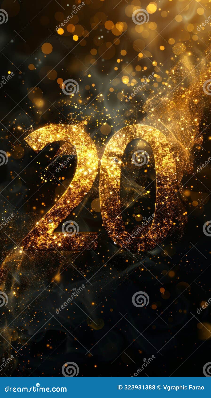 Golden Number 20 in Sparkles and Bokeh on a Dark Background Stock Photo ...
