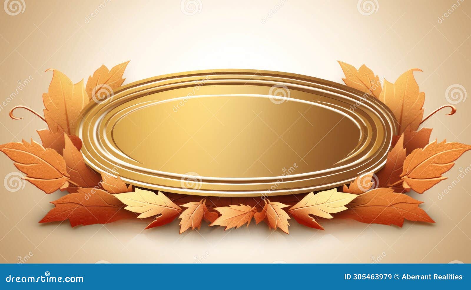 Golden Oval Frame with Autumn Leaves on a Beige Background Stock ...