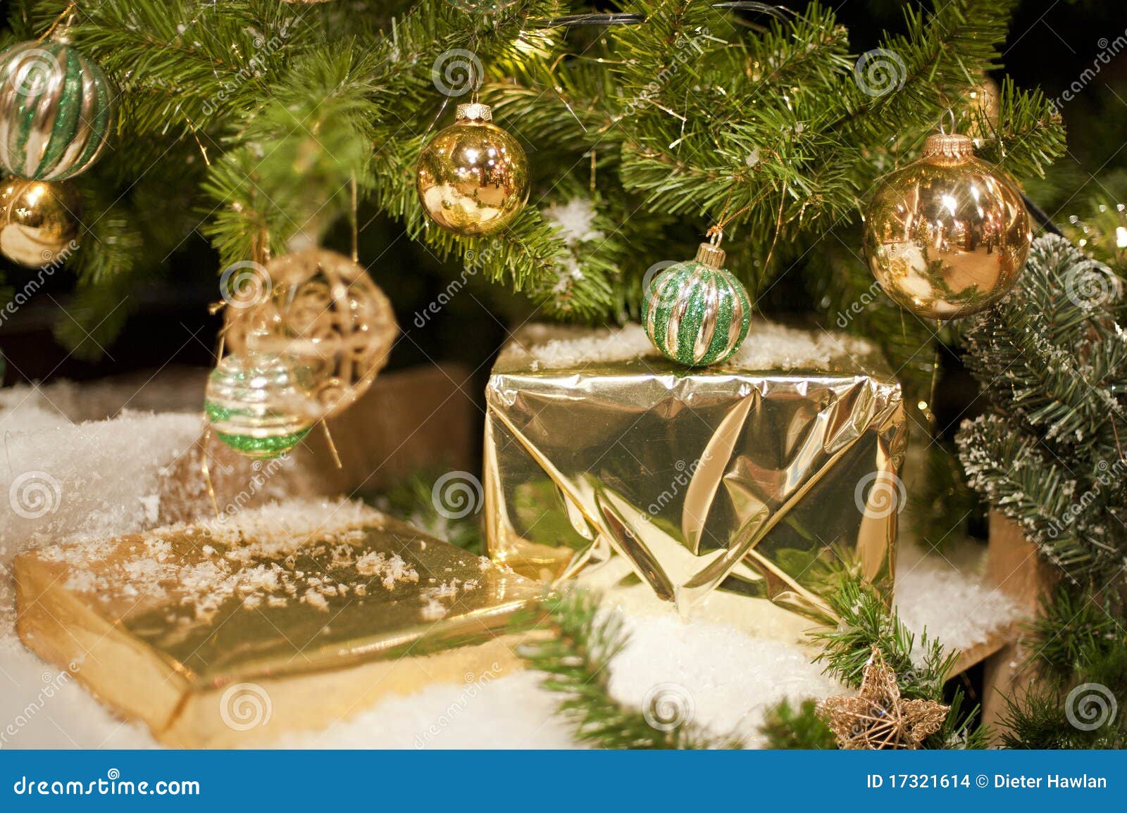 Golden Package Under Christmas Tree Stock Photo - Image of december ...