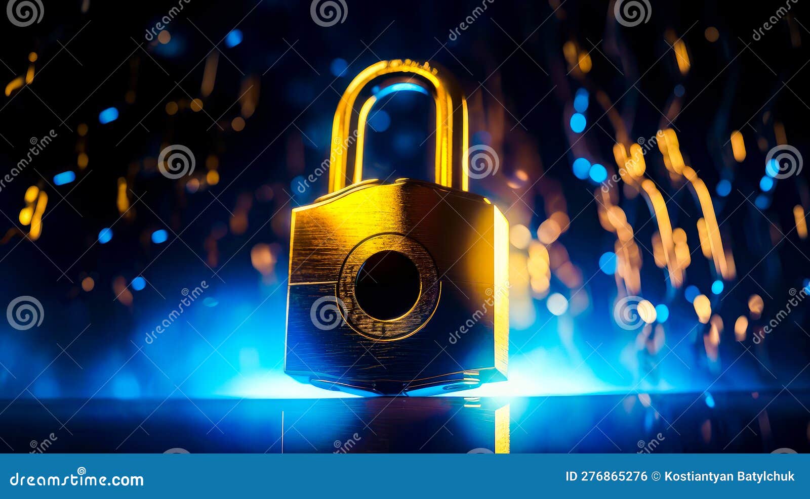 Golden Padlock with Blue Light in the Background and Blurry Boke of ...
