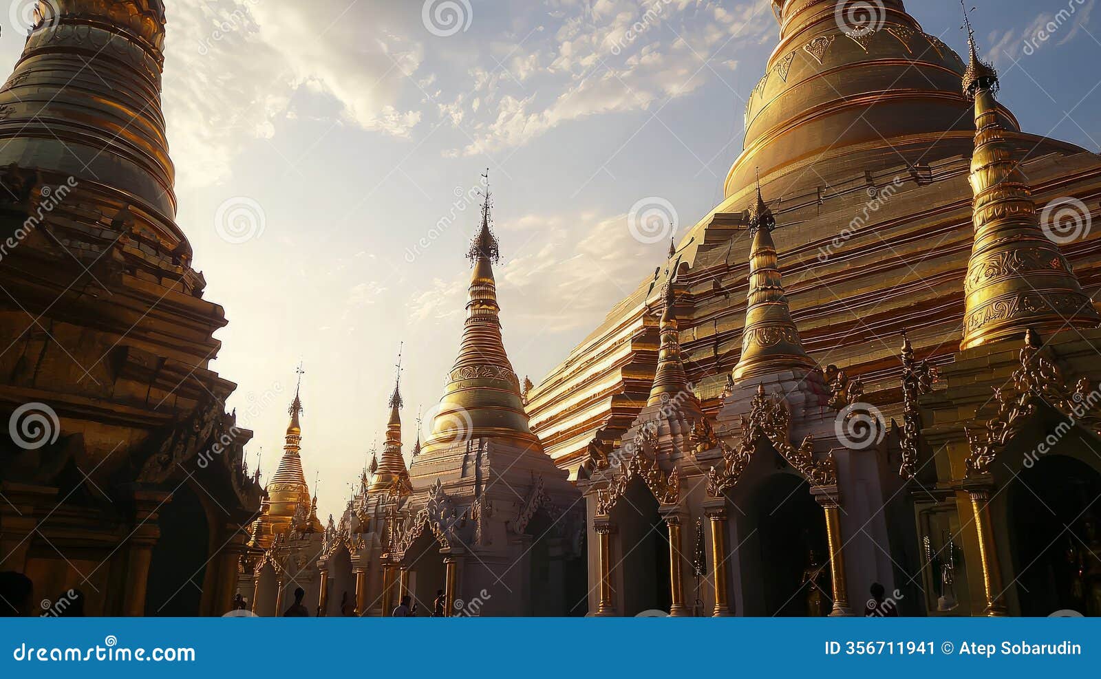 Golden Pagodas Sunset Myanmar Temple Complex Stock Image - Image of ...