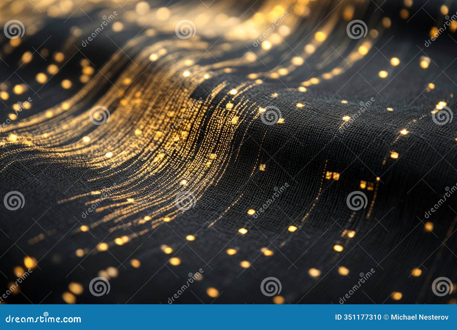 Golden Particles Flowing and Creating Abstract Waves on Black Fabric ...