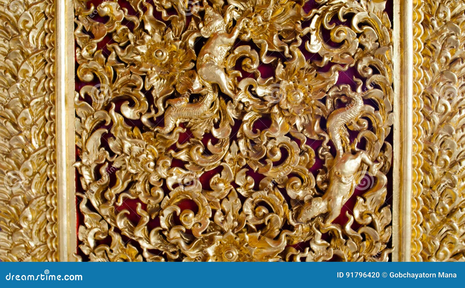 Golden Pattern on Pillar in Temple Stock Photo - Image of culture ...