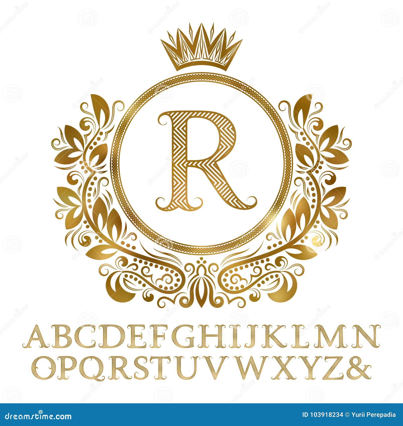 Golden Patterned Letters with Initial Monogram in Coat of Arms Form ...