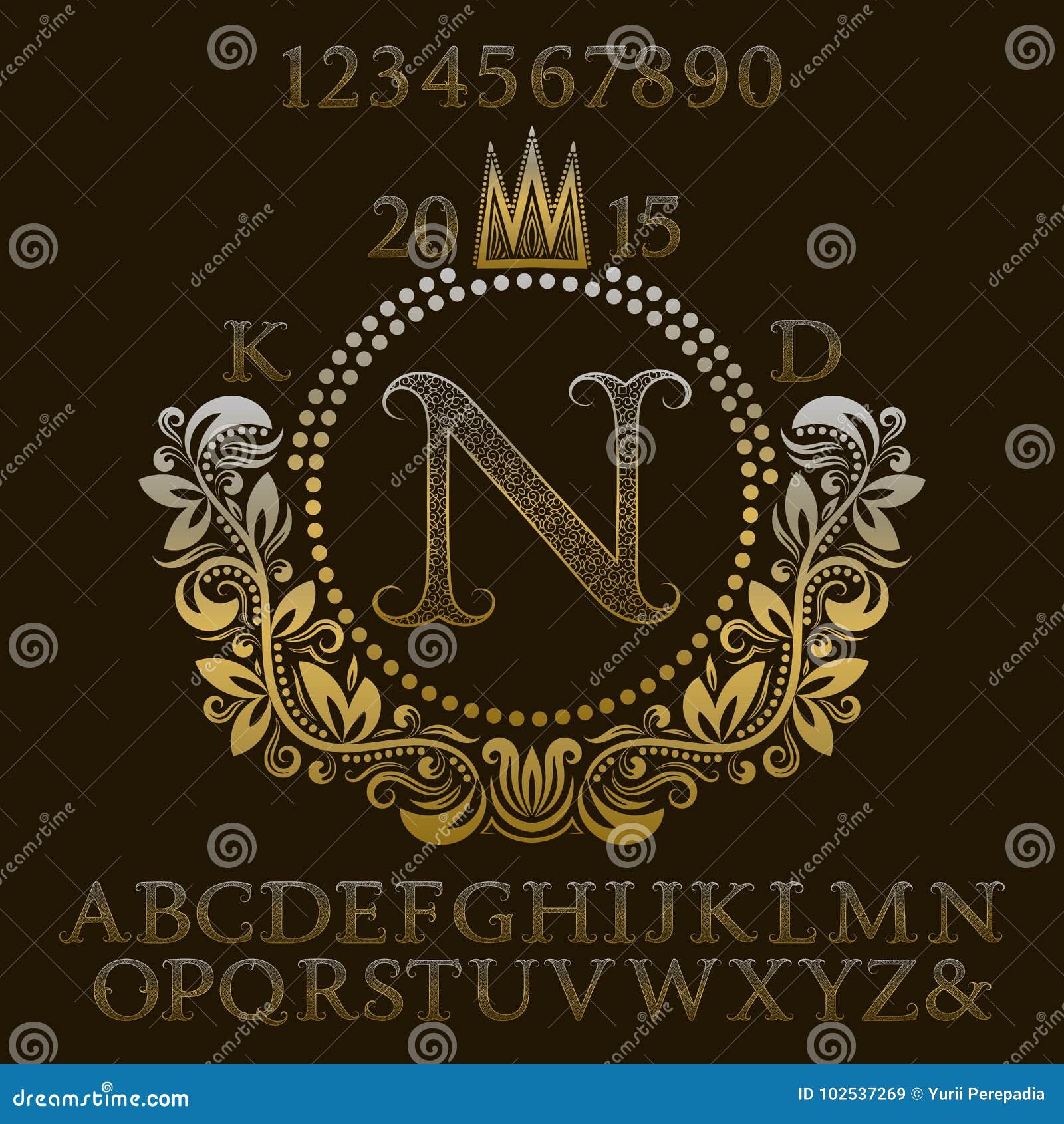 Golden Patterned Letters and Numbers with Initial Monogram in Coat of ...