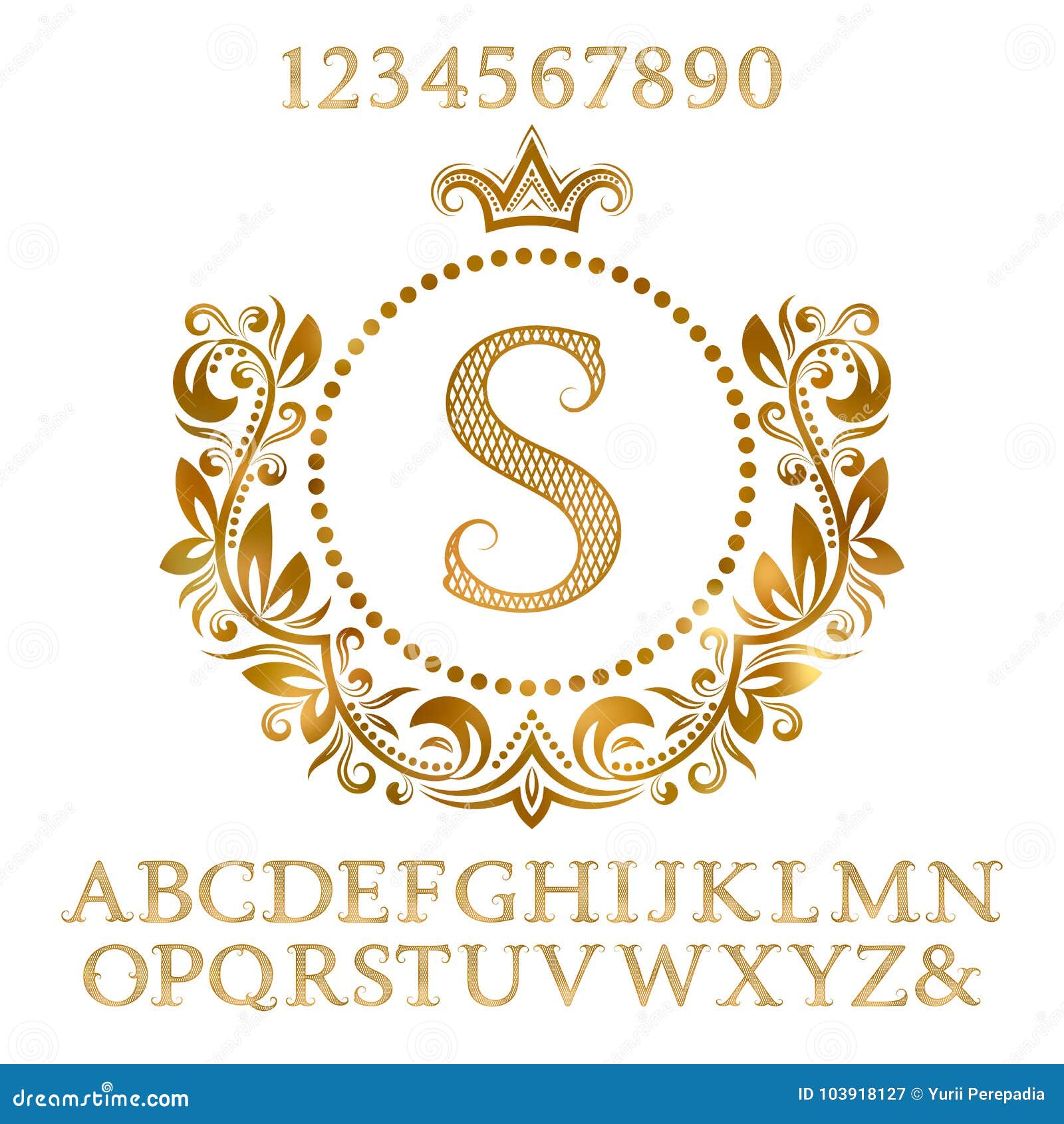 Golden Patterned Letters and Numbers with Initial Monogram in Coat of ...