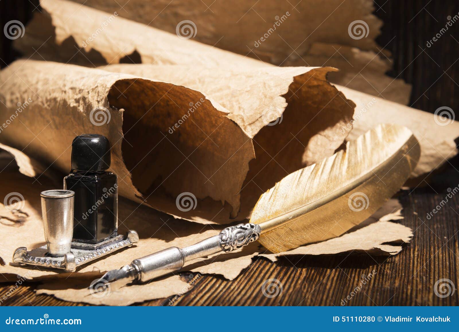 Golden Pen and Ancient Manuscripts Stock Photo - Image of golden ...