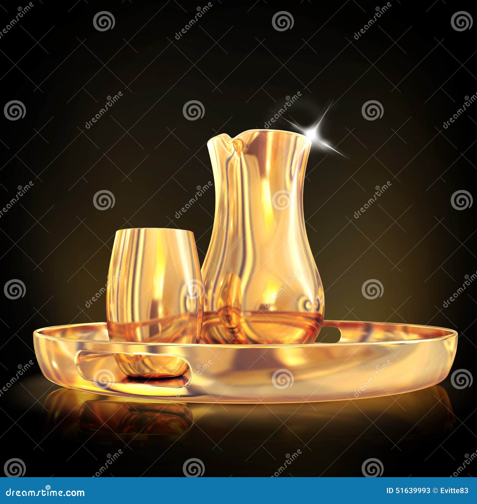 Golden Pitcher on a Tray. Black Background Stock Illustration ...