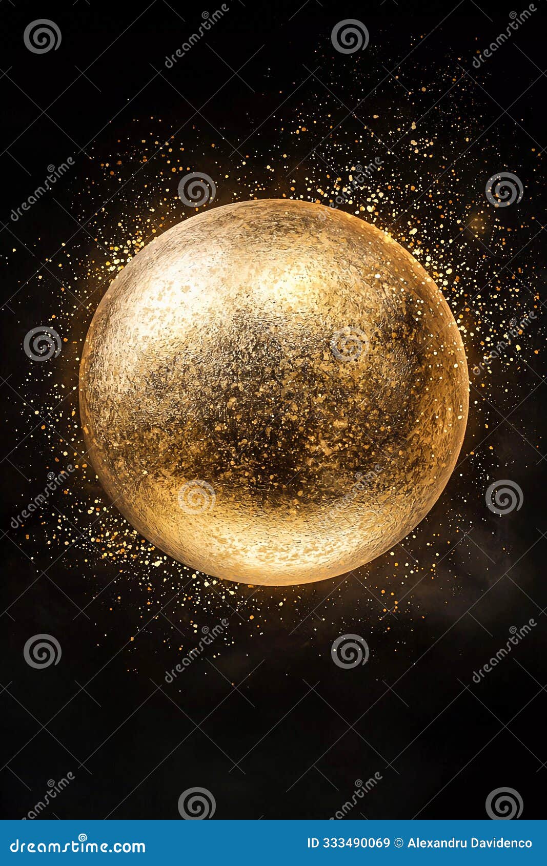 Golden Planet on a Black Background with Dust Particles. Abstract ...