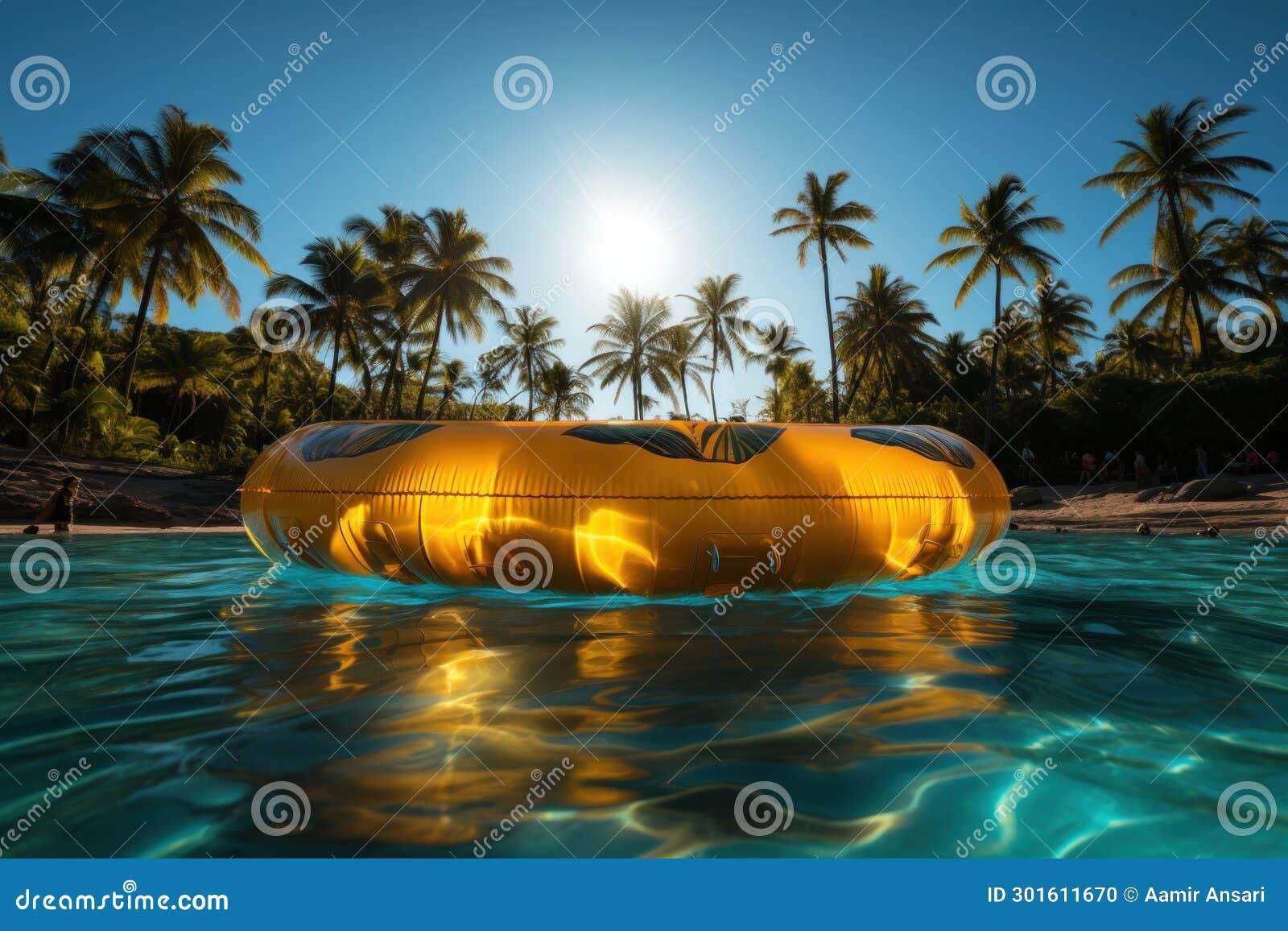 Golden Pool Float and Palm Trees in a Summer Setting, Summer Landscape ...