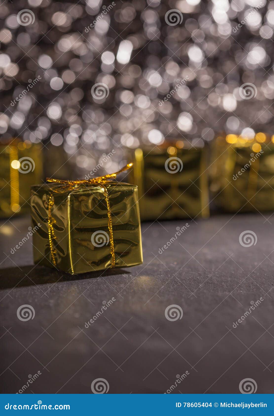 Golden Present Box, Gift Package, Glitter Bokeh Background Stock Photo ...