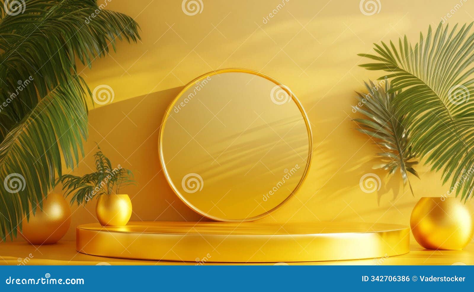 Golden Product Display Platform with Palm Trees and Circle Mirror Stock ...