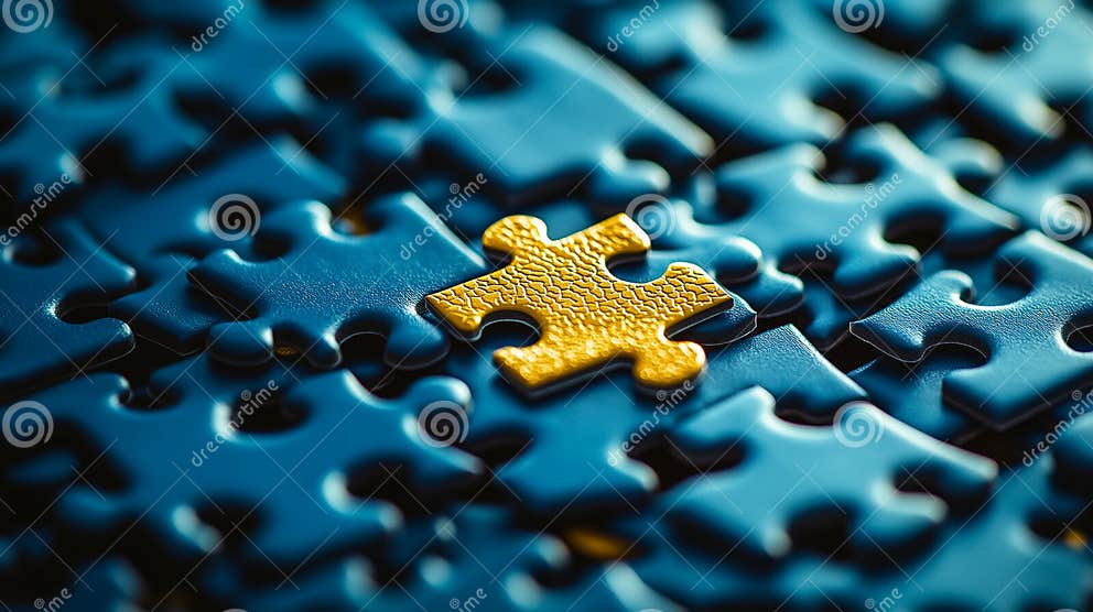 Golden Puzzle Piece Completing Blue Jigsaw Puzzle, Concept of Teamwork ...