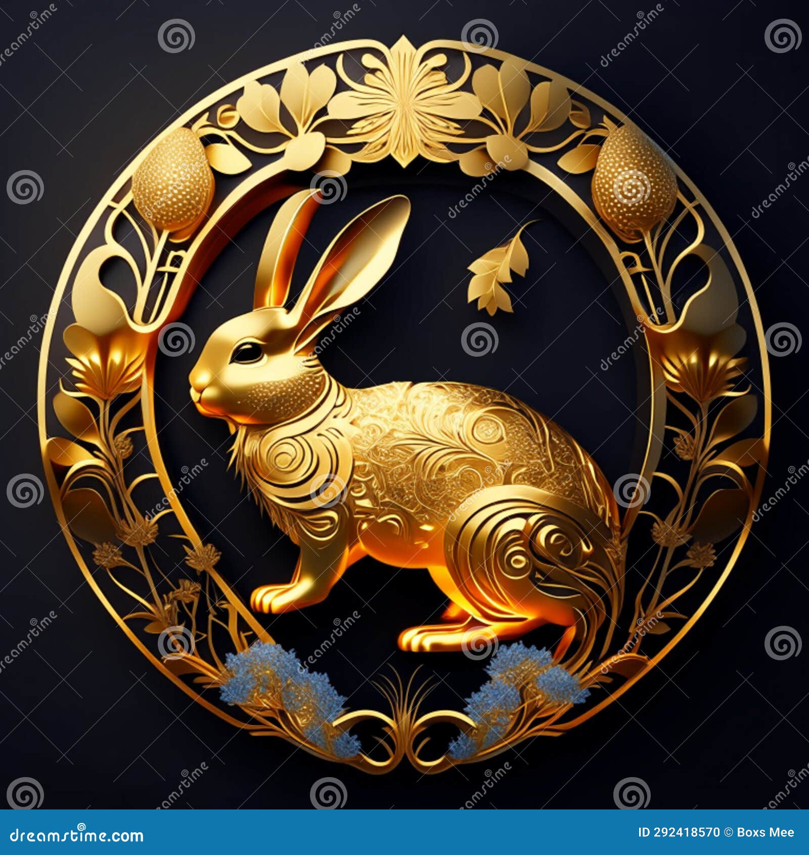 Golden Rabbit in a Round Frame on a Black Background. Vector ...