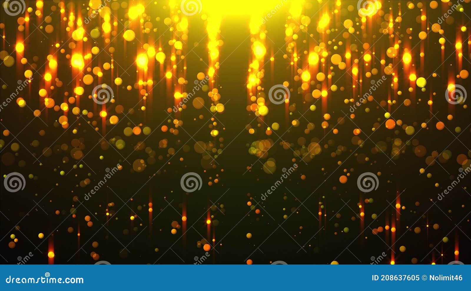 Golden Rain. Round Particles Melt in Rays of Light, 3D Rendering ...