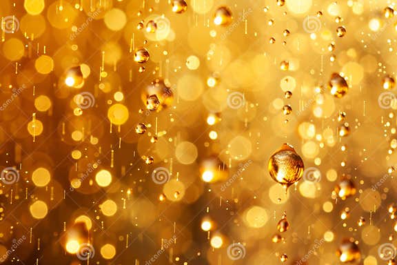 Golden Raindrops Falling on a Reflective Surface, Creating a ...