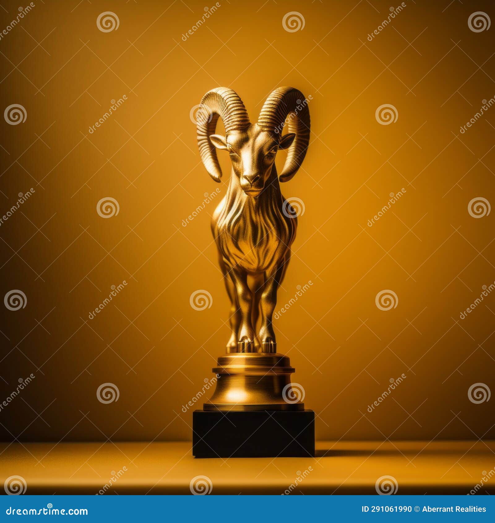 A Golden Ram Statue on a Table Against a Yellow Background Stock ...