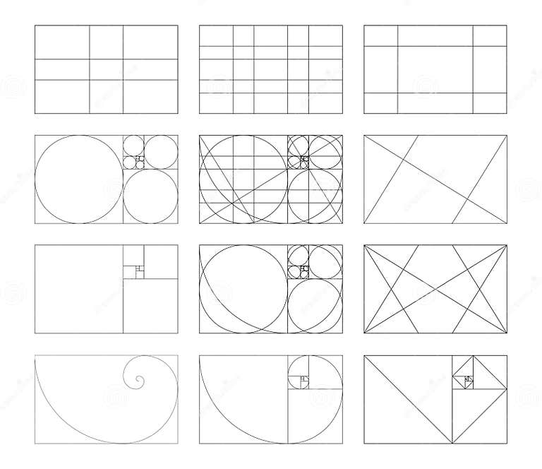 Golden Ratio Frames Set. Method Golden Section Template. Fibonacci Array, Numbers. Harmony ...