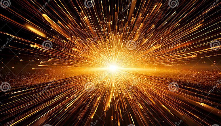 Golden Rays of Light Exploding from Central Point on Black Background ...