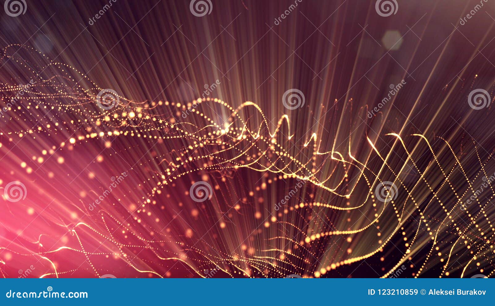 Golden Red Particles Form Line and Surface Grid. Microcosm or Space. 3d ...