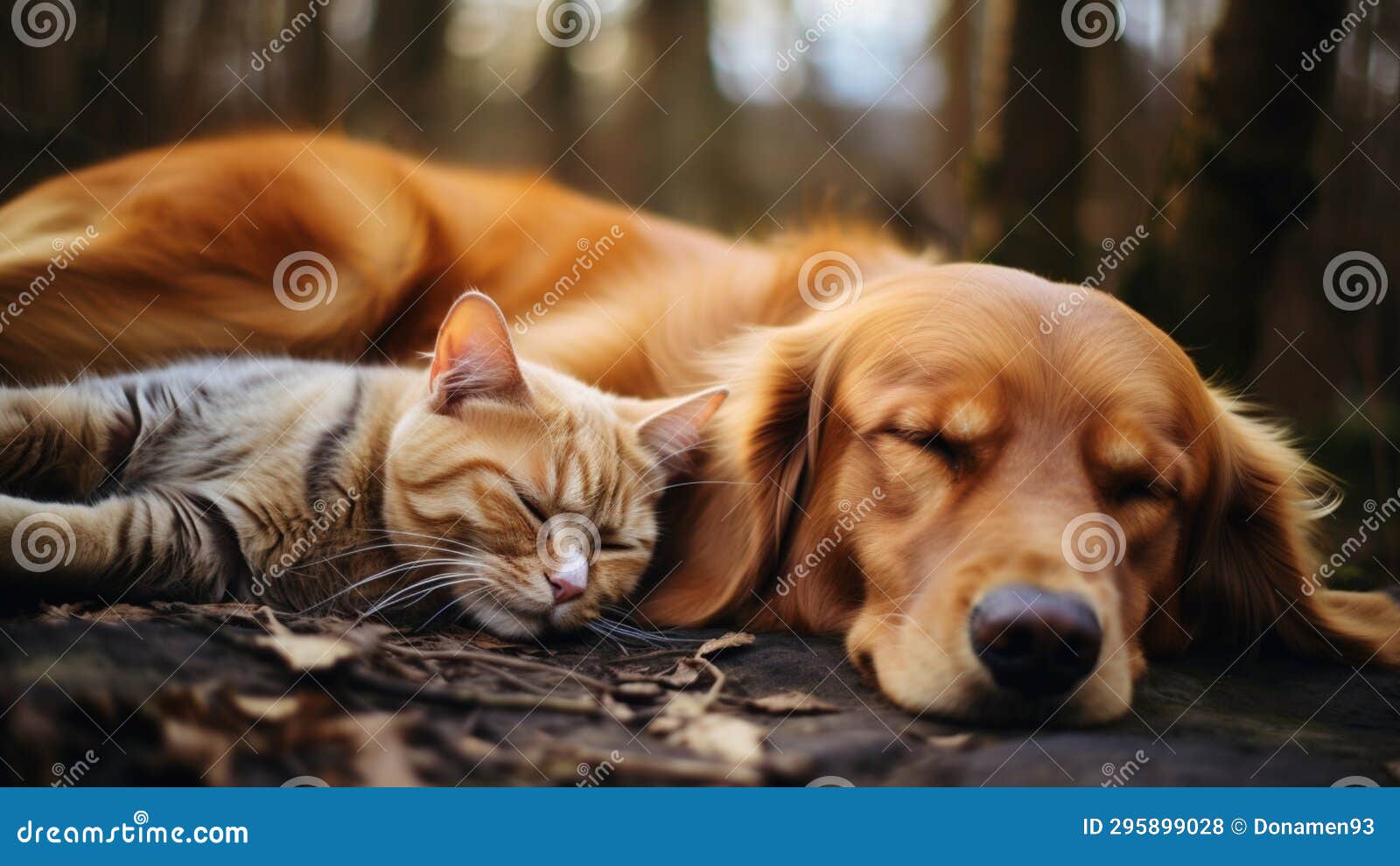 Autumn Slumber: Cat and Golden Retriever Dog Asleep in Nature, a Cozy ...