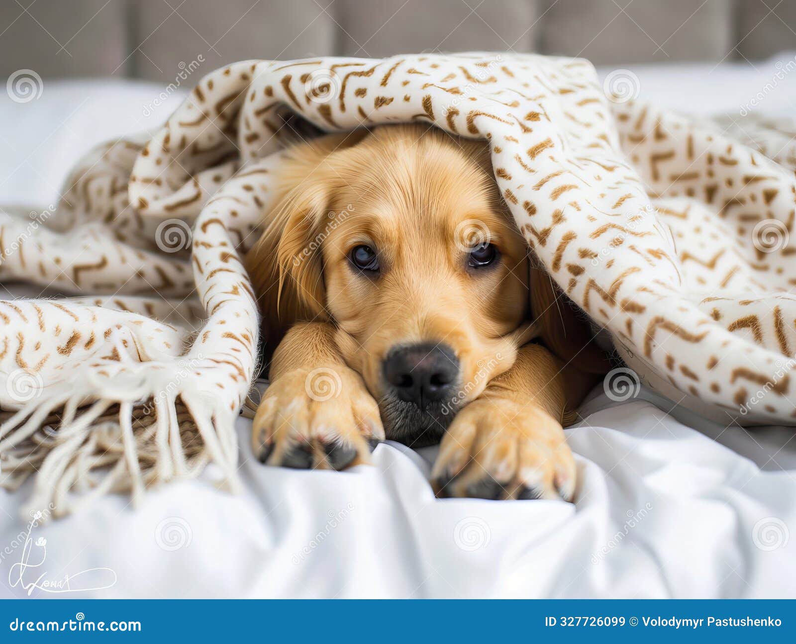 Golden Retriever Puppy Under a Blanket on a Bed Stock Image - Image of brown, head: 327726099