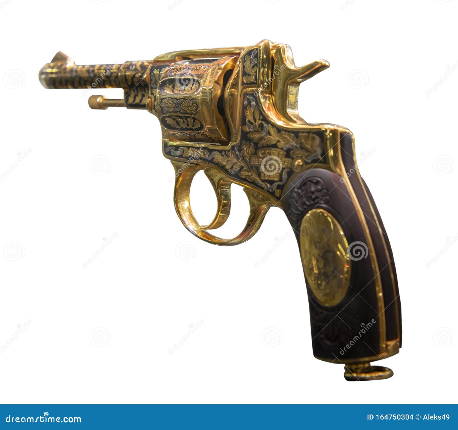Golden Revolver of the Nagan System, Made in 1928. Isolated on White ...