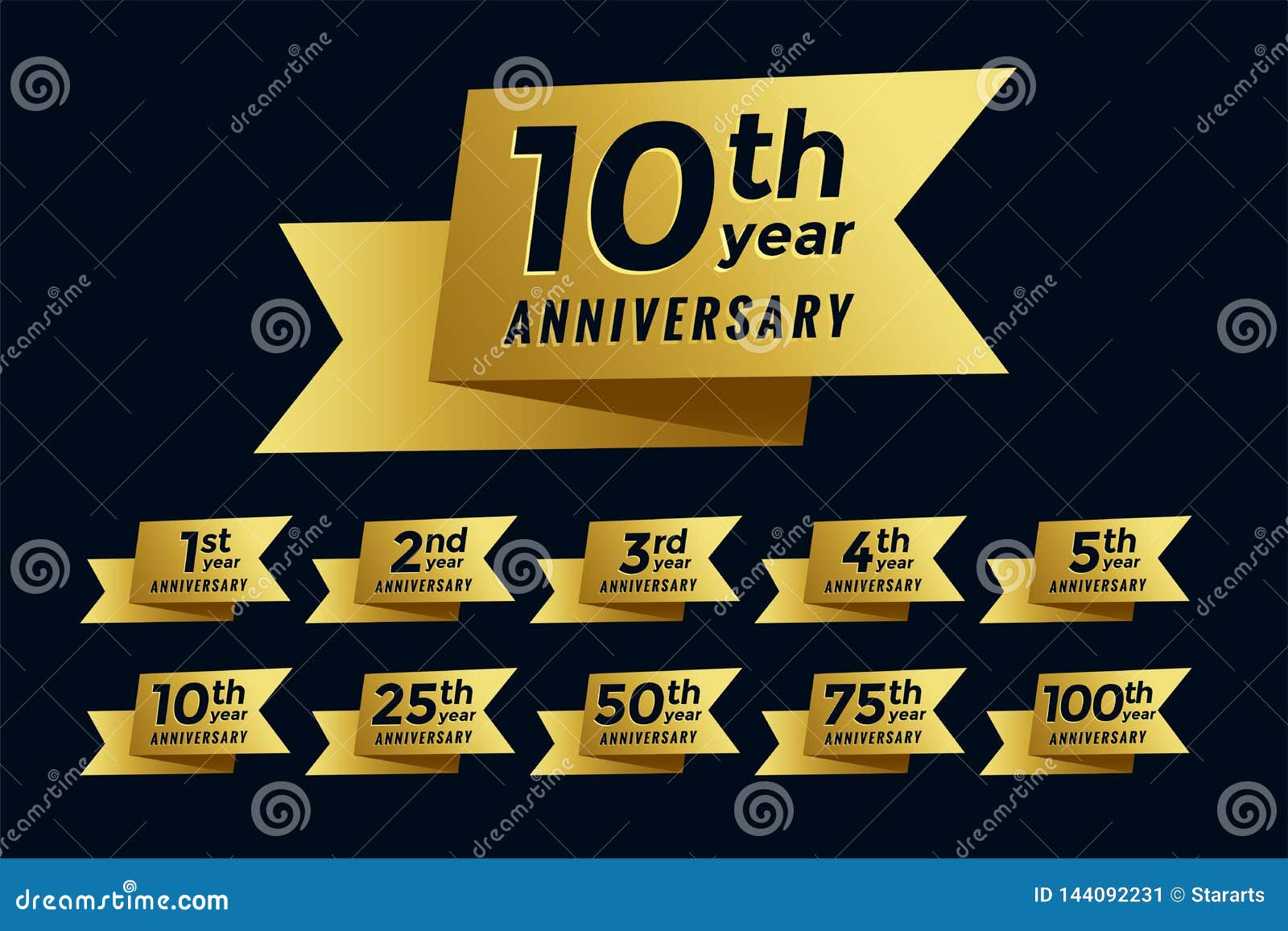Golden Ribbon Anniversary Emblem Set Stock Vector - Illustration of ...