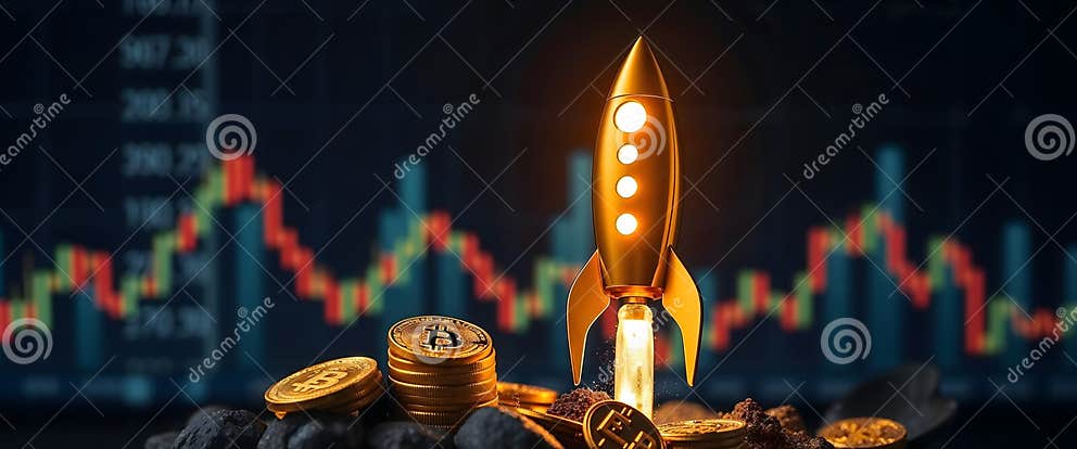 Golden Rocket Taking Off Over a Stack of Cryptocurrency Coins Stock Illustration - Illustration ...