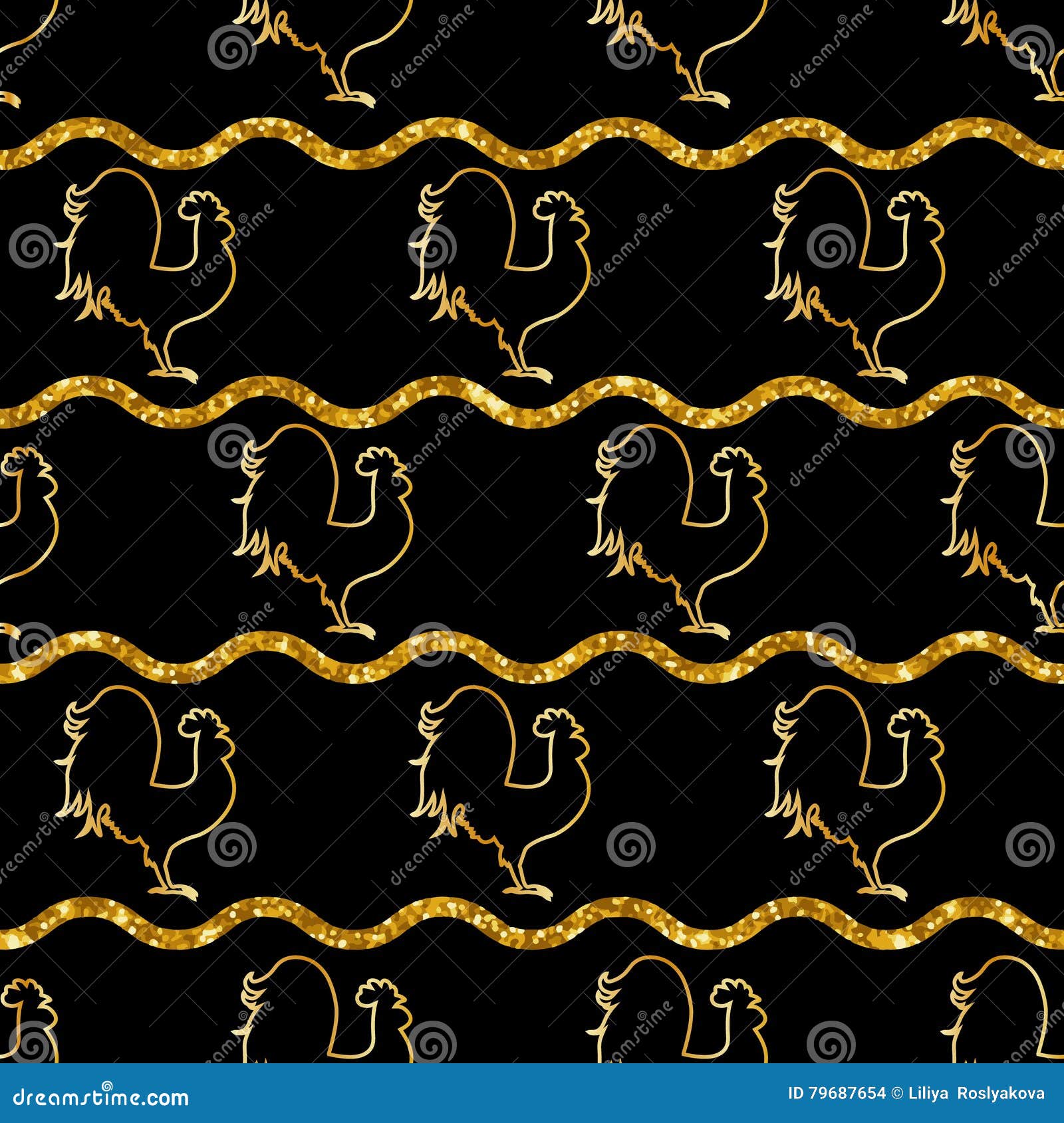 Golden Rooster on a Black Background. Gold Glitter. Seamless Pattern ...
