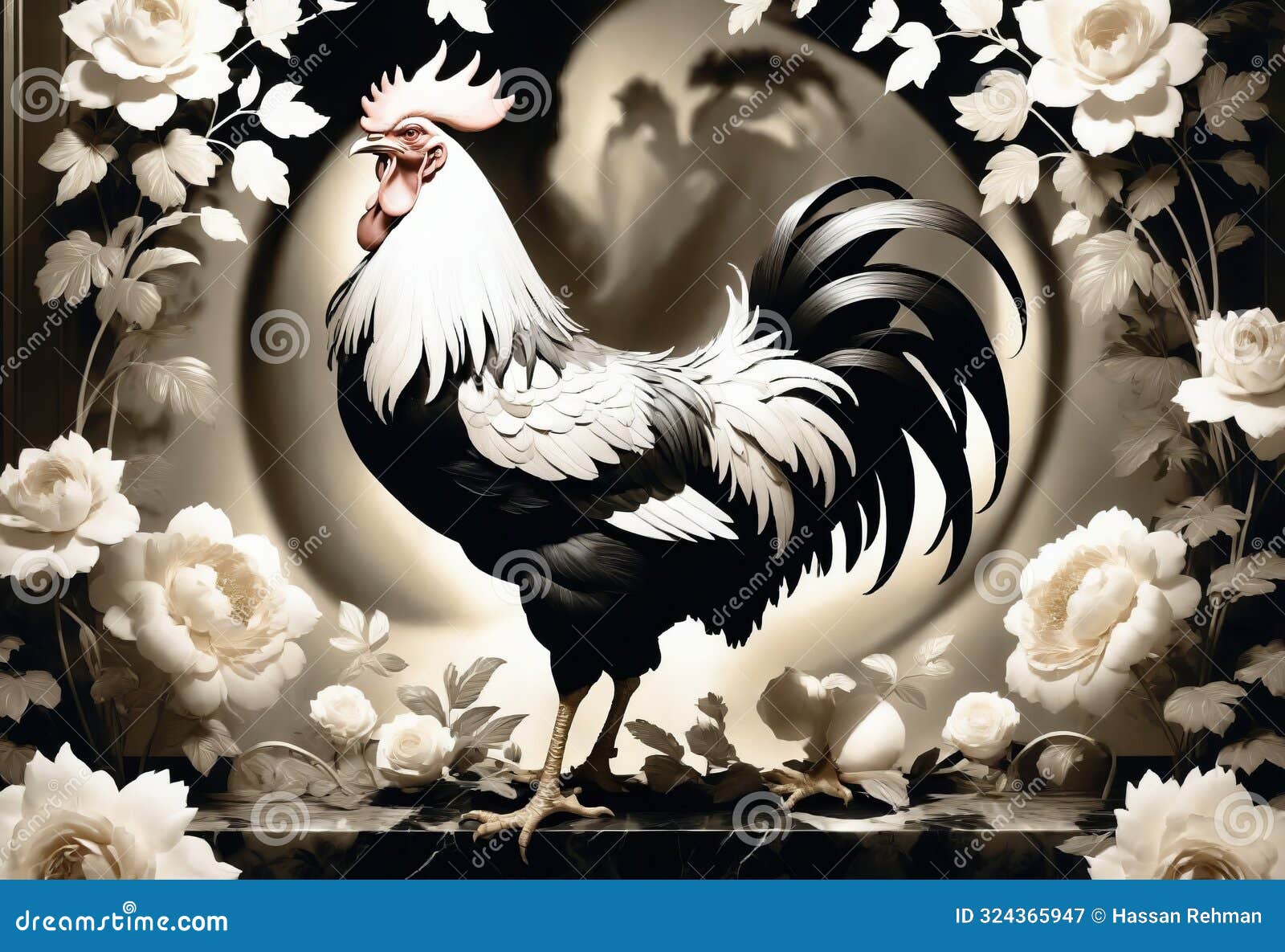 Golden Rooster Flowers Luxury Style Stock Illustration - Illustration ...
