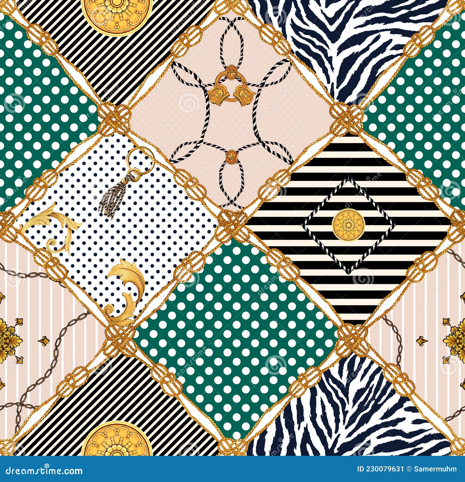 Golden Ropes with Dots and Lines on Diamond Shapes, Seamless Pattern ...