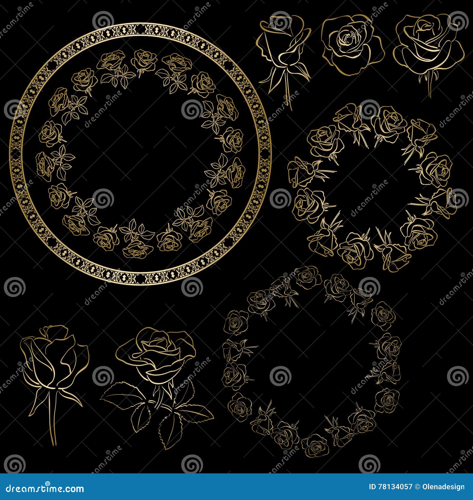 Golden Vector Roses and Frames of Flowers - Floral Set Stock Vector ...