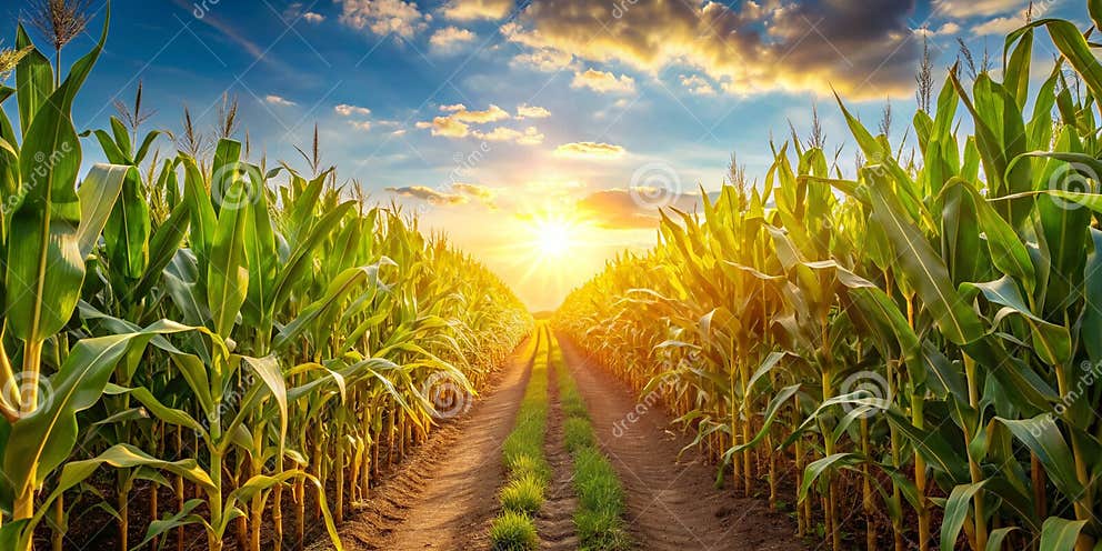 Golden Rows of Endless Corn Fields Under Bright Sunlight Generative by ...