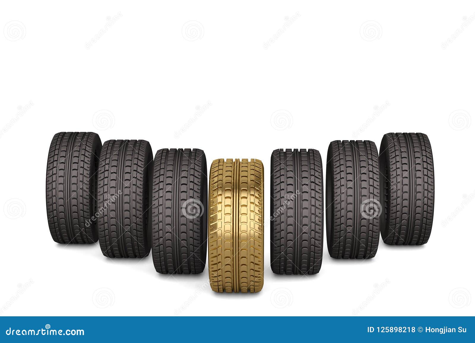 Golden and Rubber Tires on White Background.3D Illustration. Stock ...