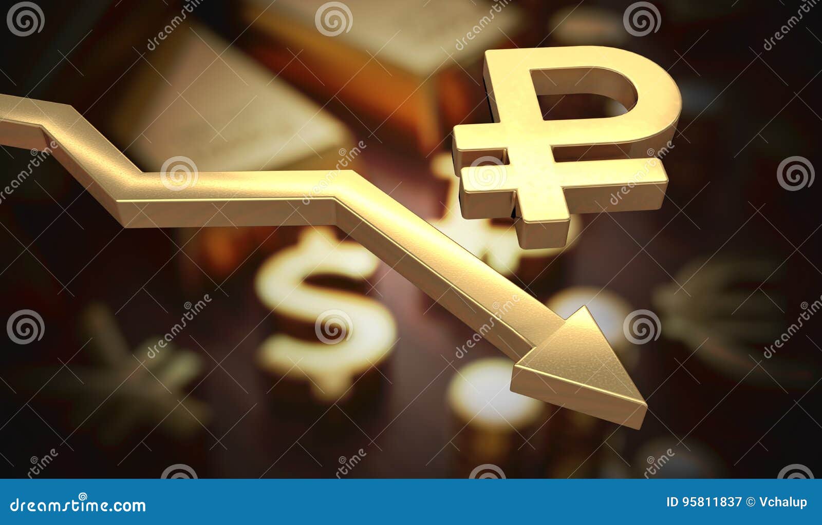 Golden Ruble Symbol and Arrow Down. 3D Rendered Illustration Stock ...