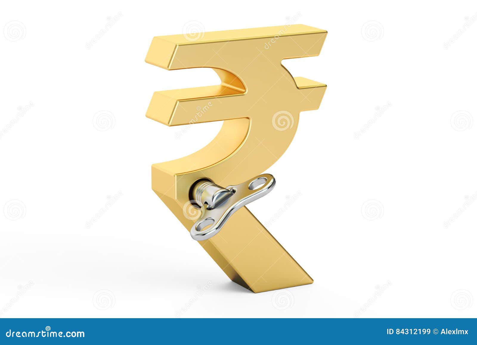Golden Rupee Symbol with Wind-up Key, 3D Rendering Stock Illustration ...