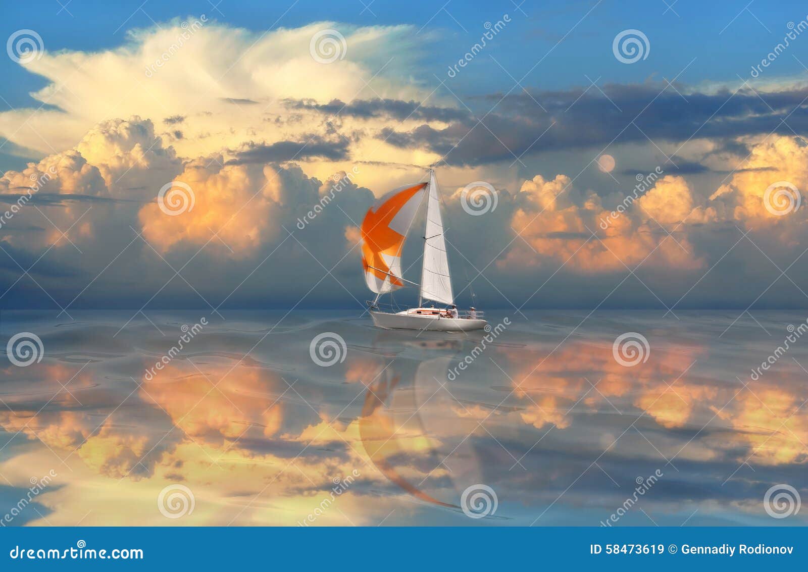 Golden Sail.Sailboat Sail Off into the Sunset on Lake. Stock Image ...
