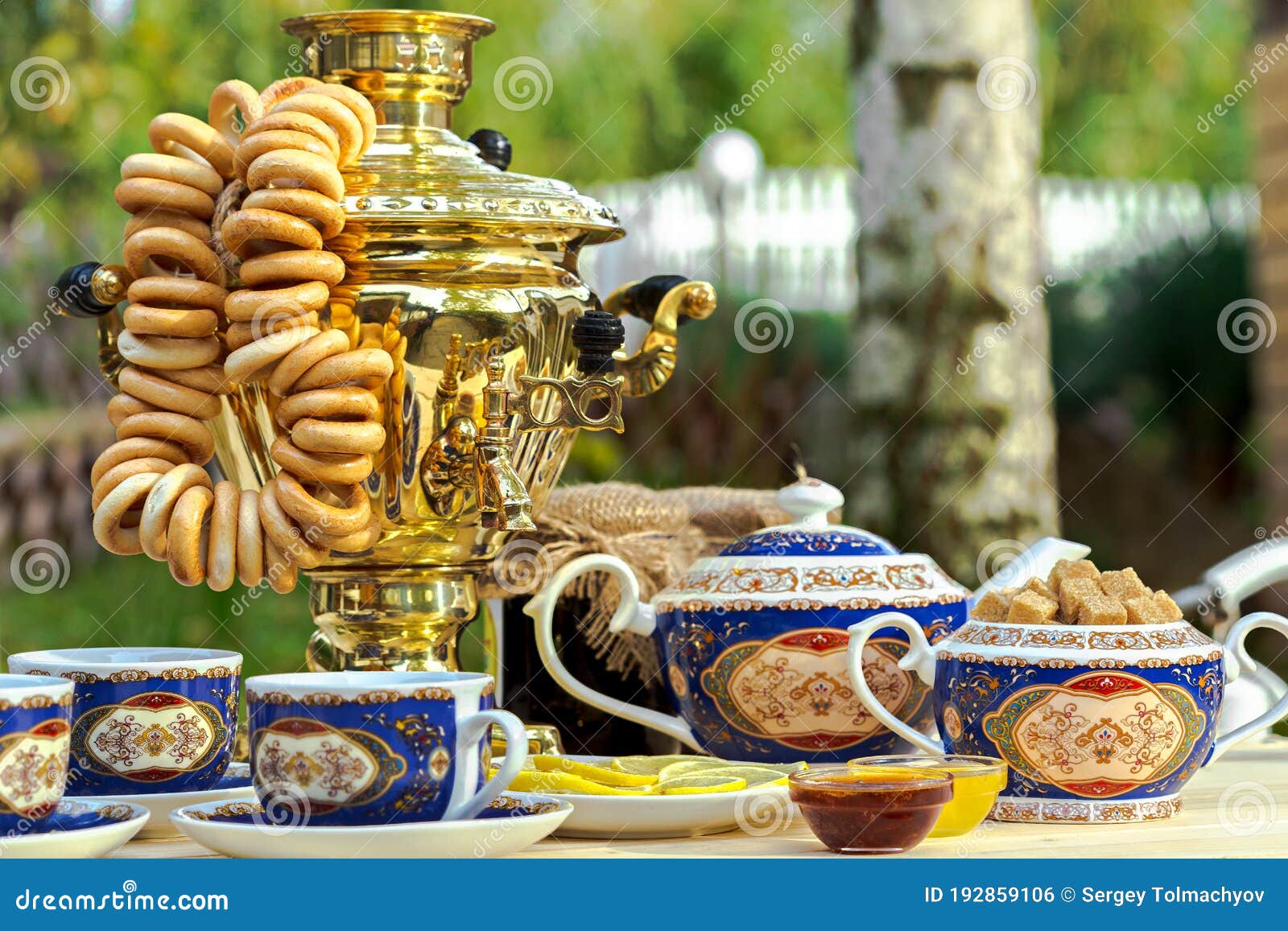 Golden Samovar on the Table with Tea Set Stock Photo - Image of culture ...