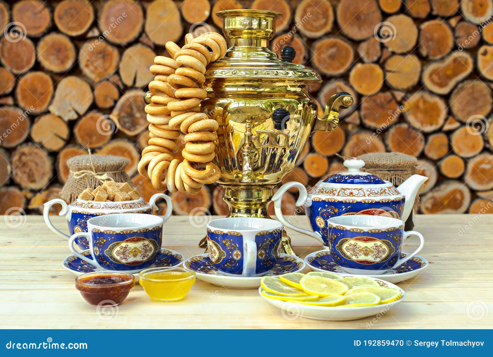 Golden Samovar On The Table With Tea Set Stock Photo | CartoonDealer ...