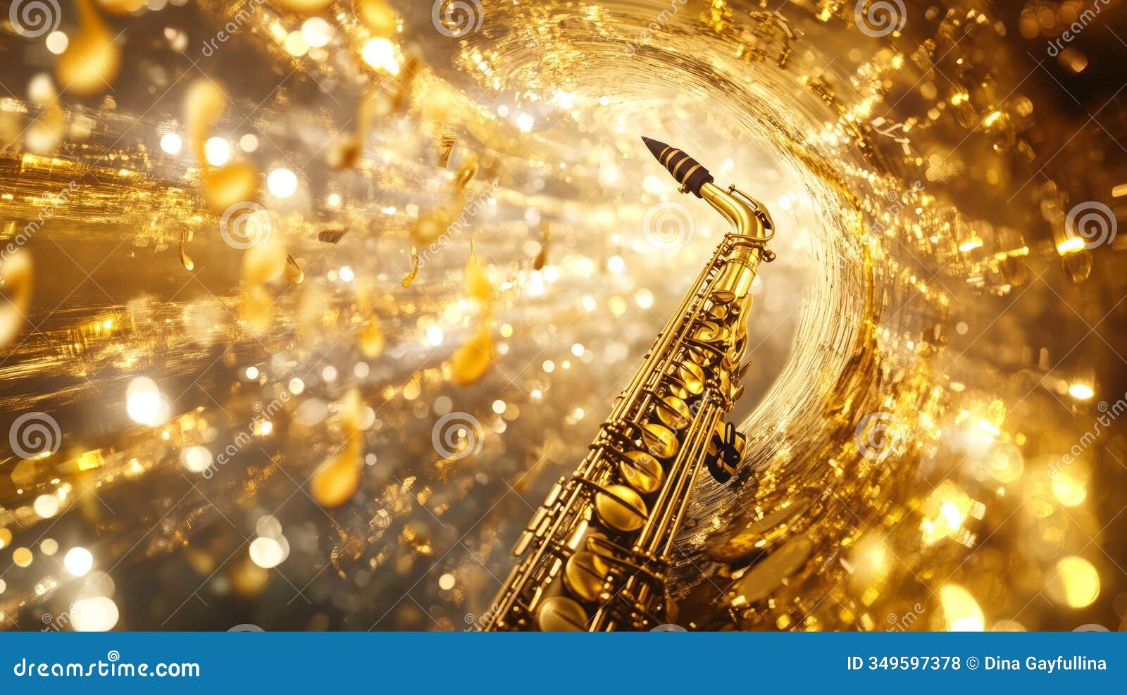 Golden Saxophone Blowing Musical Notes in a Swirl of Light Stock ...