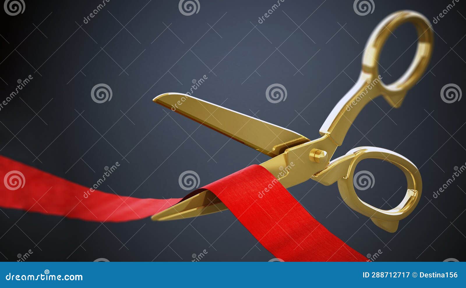 Golden Scissors Cutting Red Ribbon. 3D Illustration Stock Image - Image ...