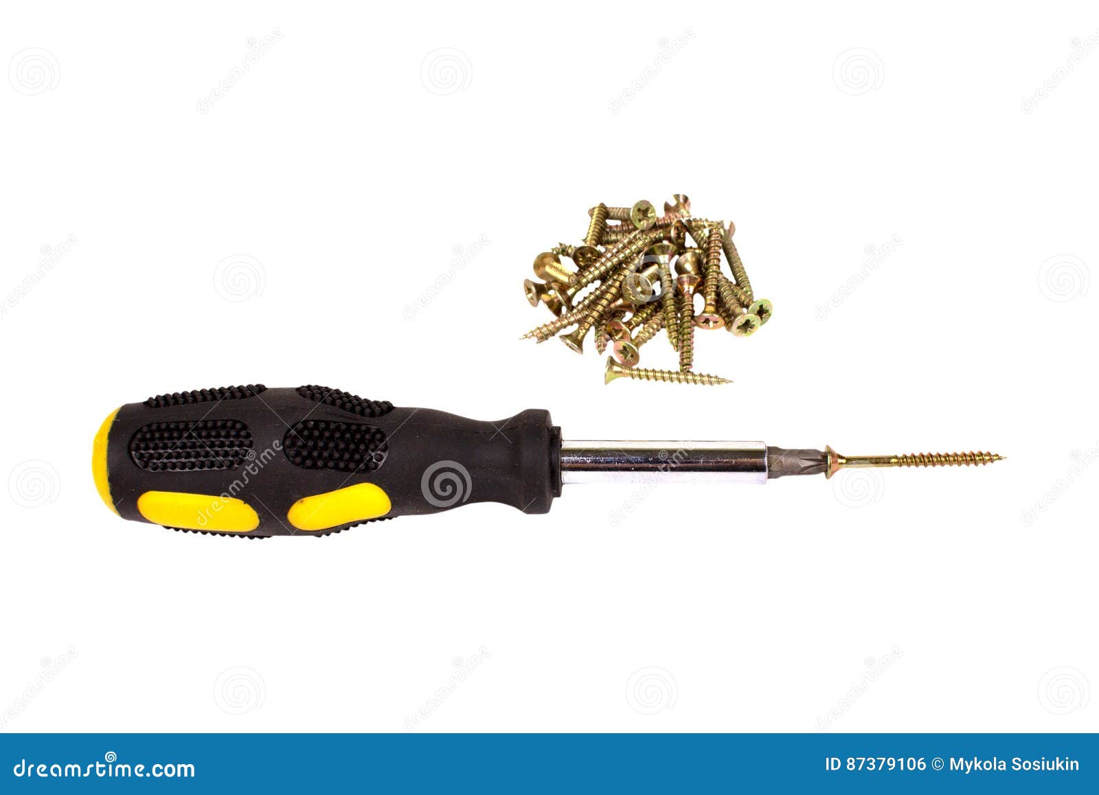 Golden Screws and Screwdriver Stock Photo - Image of pile, detail: 87379106