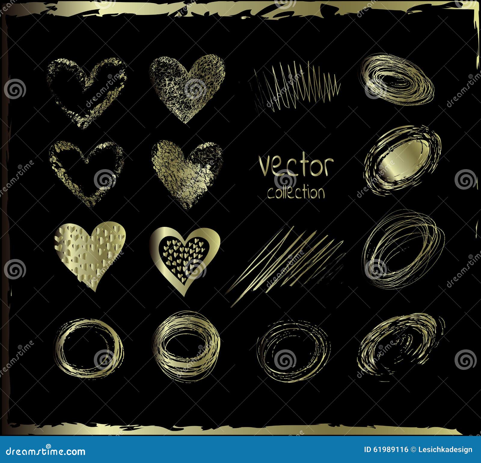 Golden Set of the Hand Drawing Hearts and Circle Frames, on Black ...