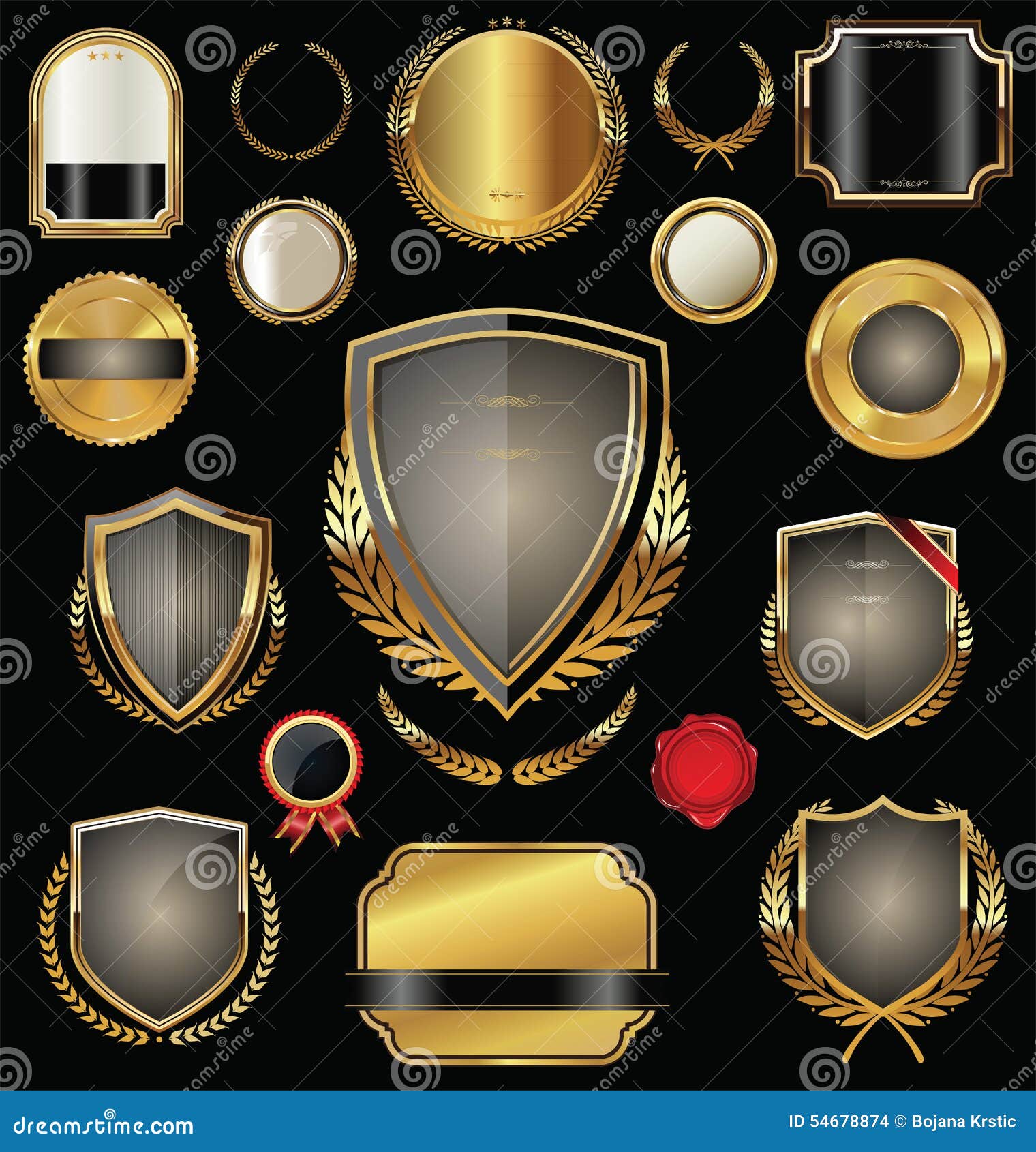 Golden Shield, Badges, Labels and Laurels Stock Illustration ...