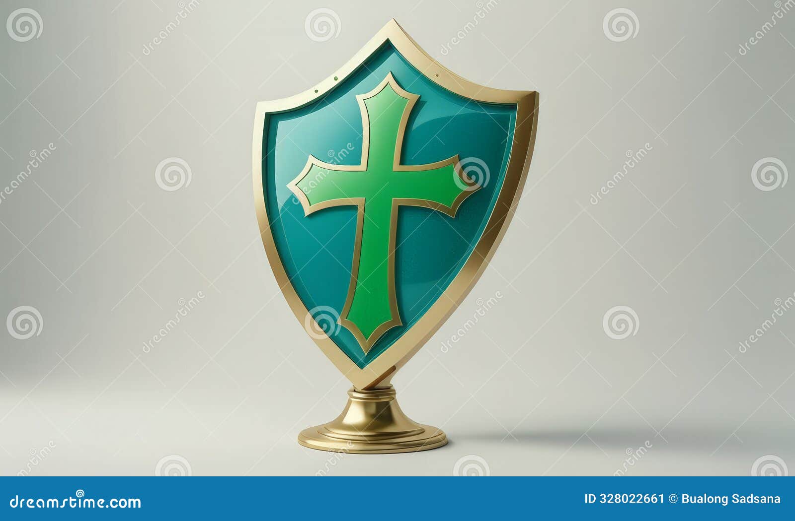 Golden Shield with Green Cross and Gold Border Stands Against Plain ...