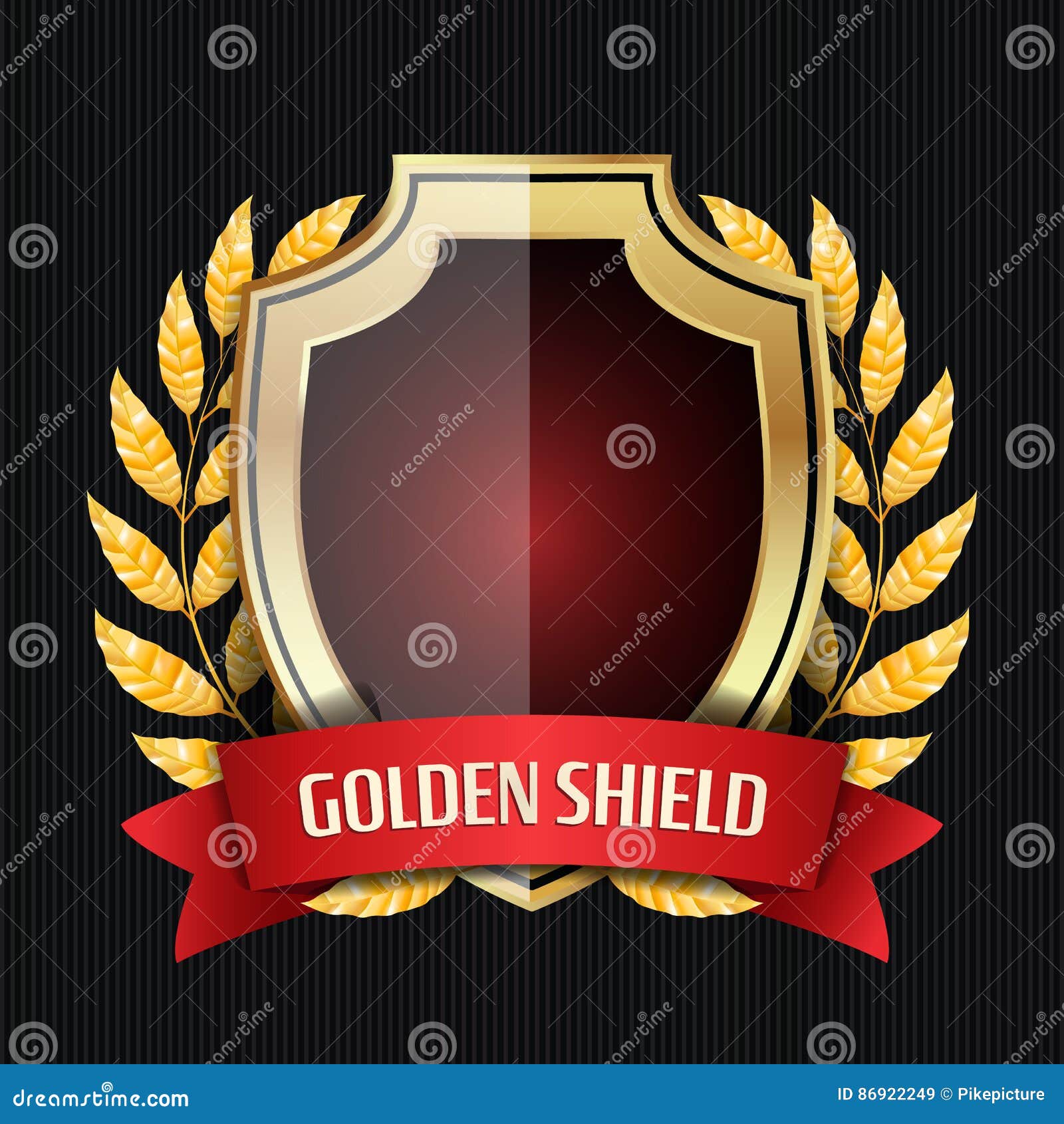 Golden Shield with Laurel Wreath and Red Ribbon. Vector Illustration ...